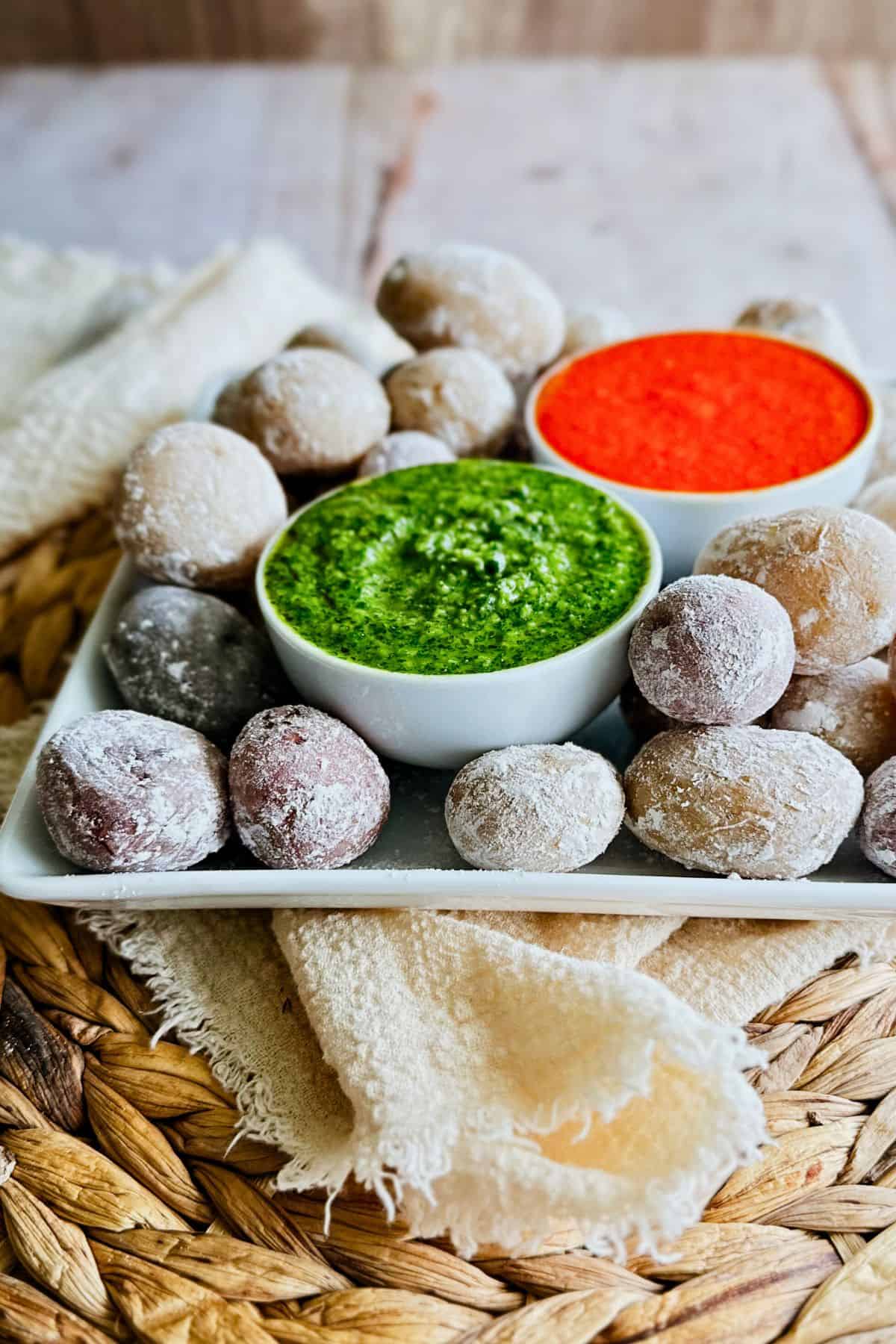 Papas Arrugadas (Wrinkled Potatoes) With Red and Green Mojo